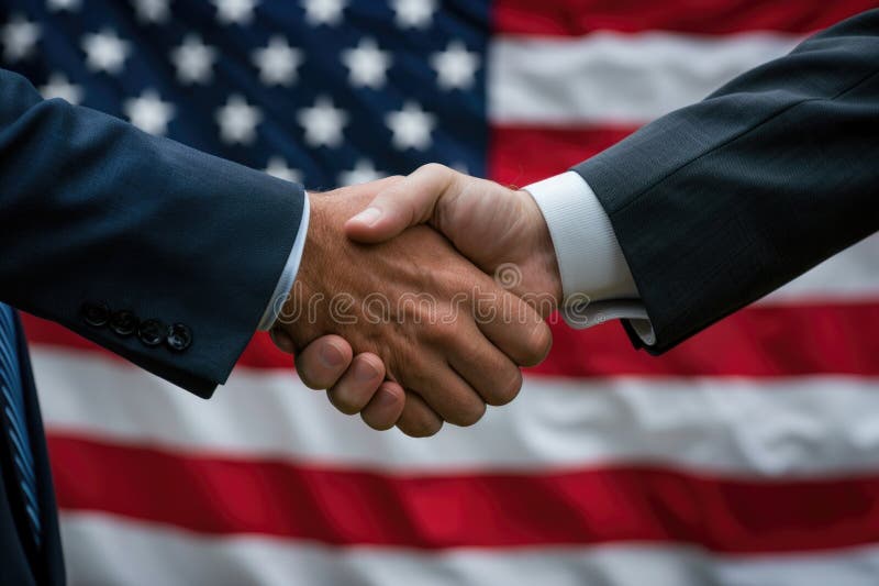 Two Men in Suits Shake Hands in Front of an American Flag, Symbolizing ...
