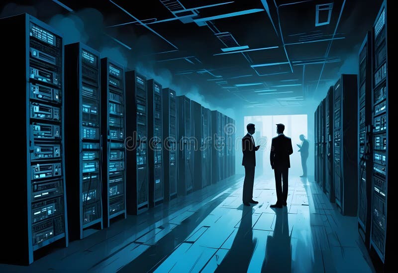 Two Men in Suits Stand in a Server Room Talking. the Room is Filled ...