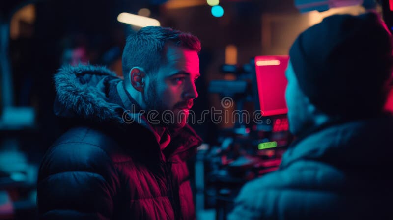 Two Men Talking on Film Set with Red and Blue Lighting at Night Stock ...