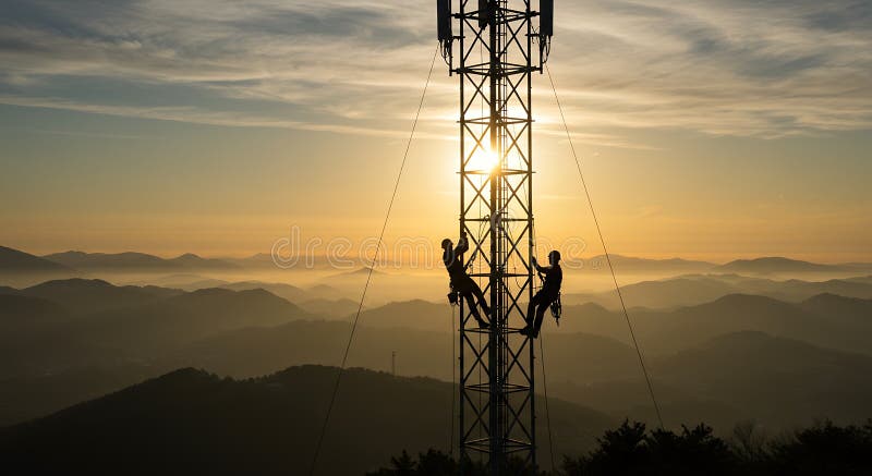 Two Men in Their 30s Working on a Cell Tower at Sunrise, Surrounded by ...