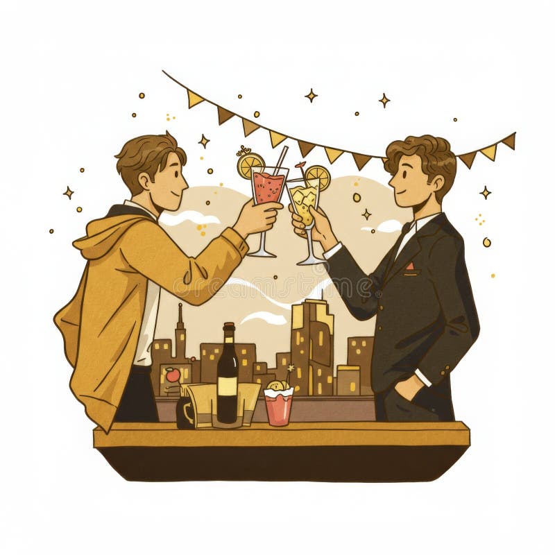 Two Men Toasting Drinks on a Rooftop with City View Stock Illustration ...