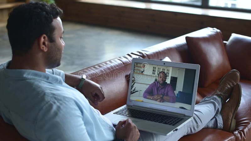 Two Men Using Computer App on the Laptop for Video Connection, Virtual ...