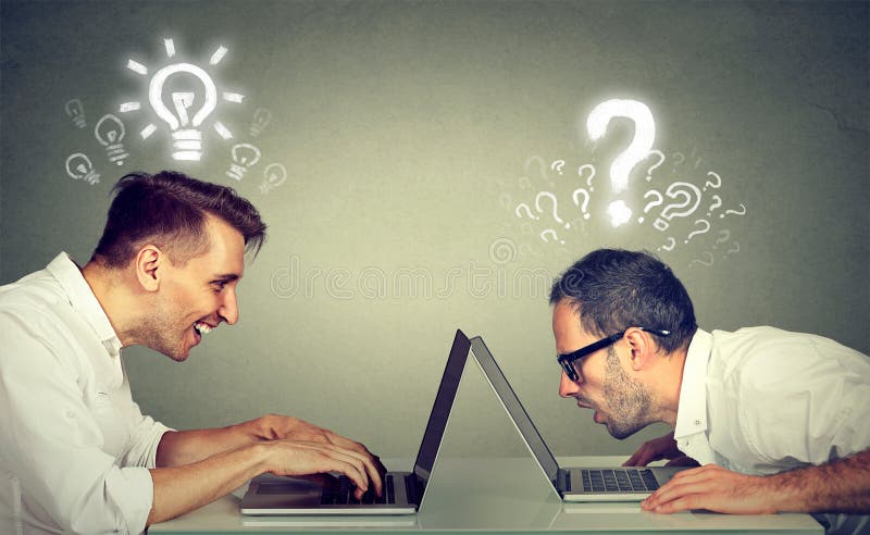 Two Men Using Laptop Computer One Educated Has Bright Ideas the Other ...