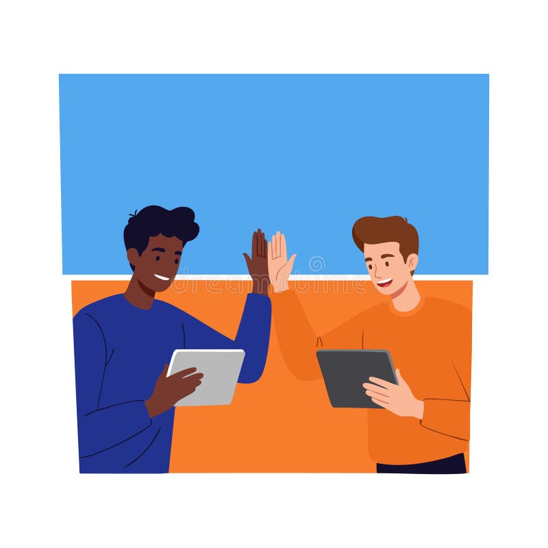 Two Men Using Tablets Giving High Five in Bright Blue and Orange ...