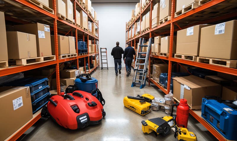 Two Men Walk Down an Aisle in a Warehouse with Shelves Stocked with ...