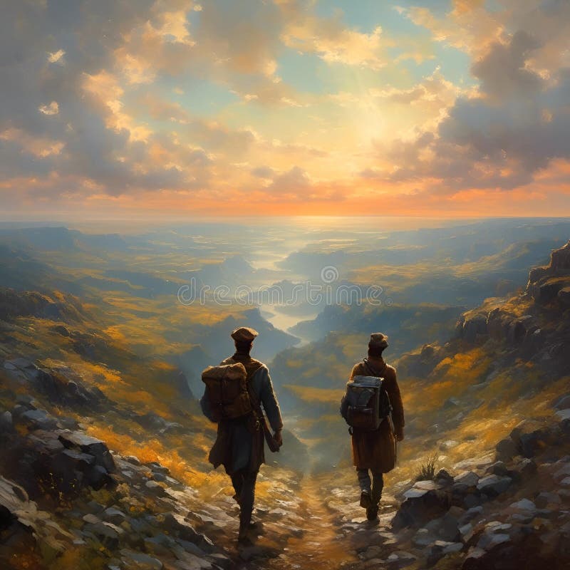 Two Men Walk Down a Path To Their Destination on the Edge of a Valley ...