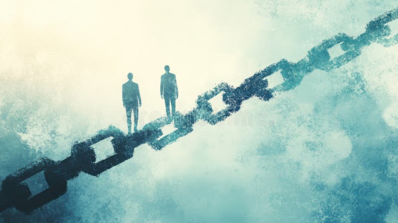 Two Men Walking on Giant Chain in Surreal Misty Landscape Concept of ...