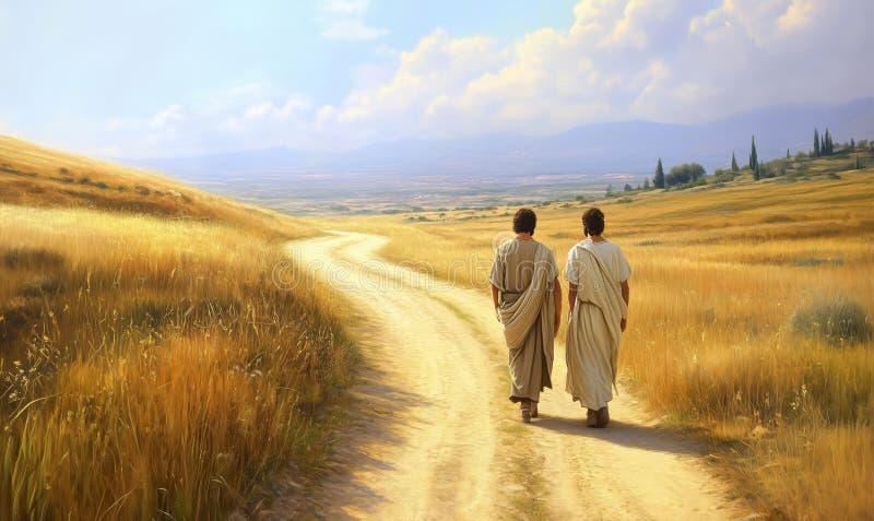 Two Men Walking on a Winding Path through Golden Fields in Ancient ...