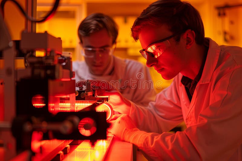 Two Men Wearing Lab Coats Are Working On A Machine Engaged In Terahertz Spectroscopy Research