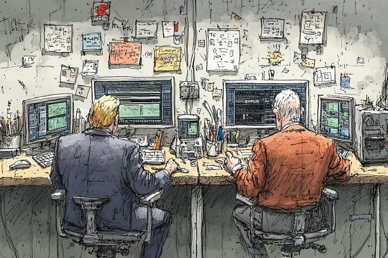 Two Men Work at Computers in a Busy Office Stock Photo - Image of ...