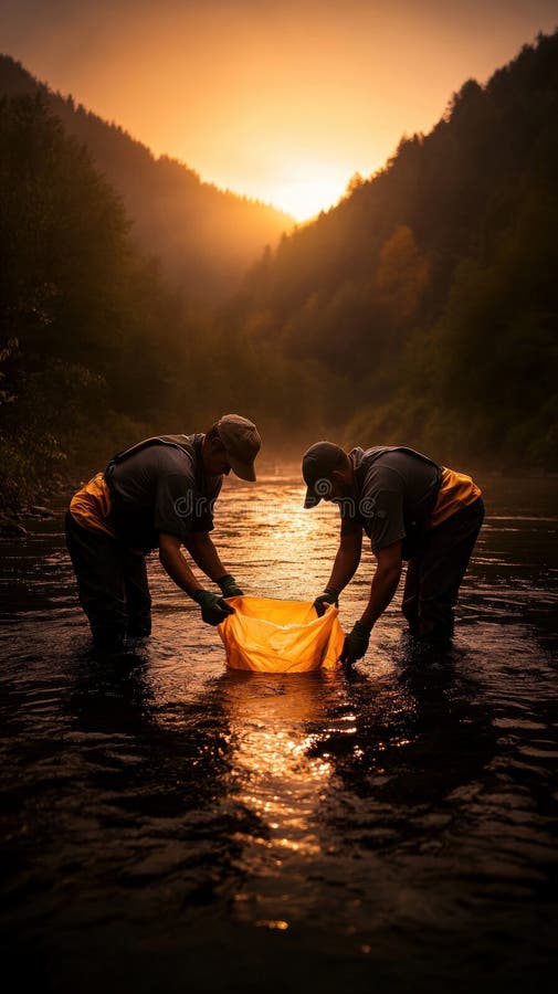 Two Men Work Together in a River at Sunset, Showcasing Teamwork and ...
