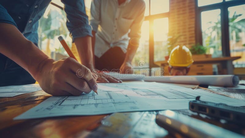 Two Men Working on Blueprints at a Table Stock Photo - Image of ...