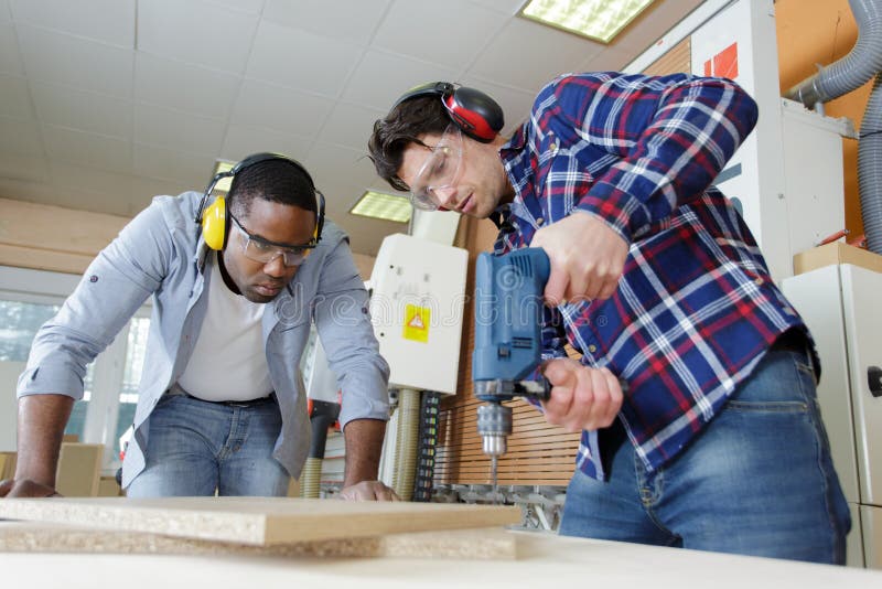Two Men Working with Boards in Workshop Stock Image - Image of plank ...