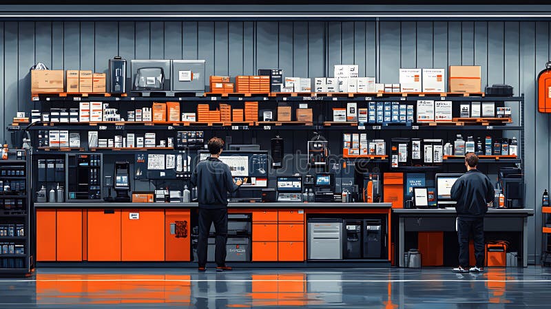 Two Men Working at a Counter in a Large Warehouse with Shelves Stacked ...