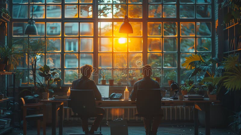 Two Men Working at a Desk by a Large Window at Sunset Stock Image ...