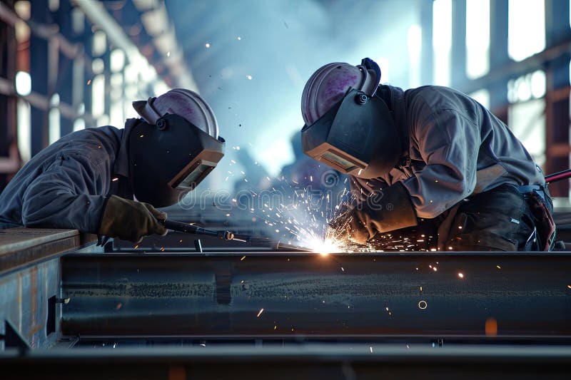 Two Men Working on a Steel Beam, Two Men Working on a Metal Beam ...