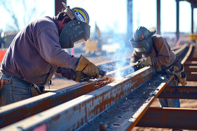 Two Men Working on a Steel Beam, Two Men Working on a Metal Beam ...
