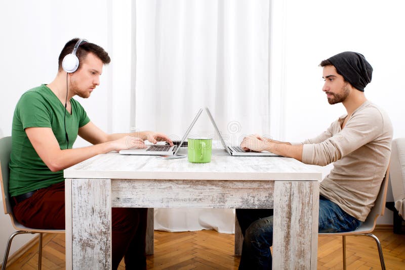 Two Men Working in Their Home Office Stock Photo - Image of handsome ...