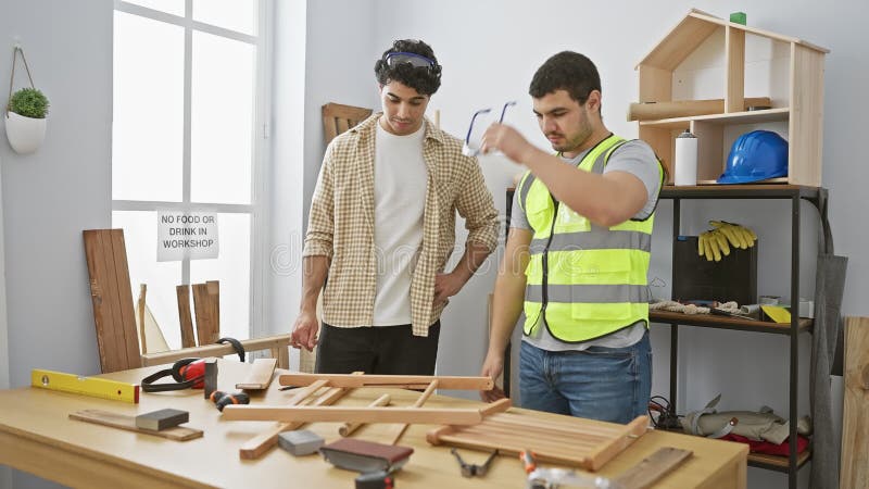 Two Men Working Together in a Bright Carpentry Workshop with ...