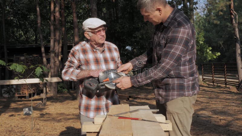 Two Men Working Together on Carpentry, Focusing on Using a Saw for Wood ...