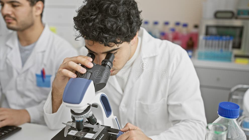 Two Men Working Together in a Laboratory, One Using a Microscope ...
