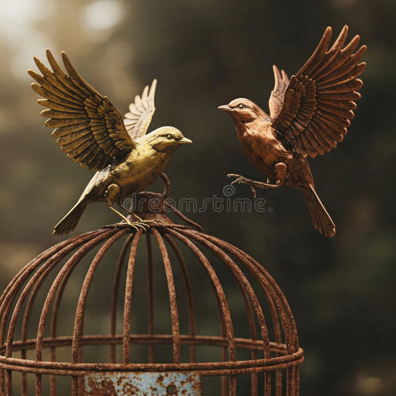 Two Metal Birds on a Rusty Cage in Flight. Stock Image - Image of ...