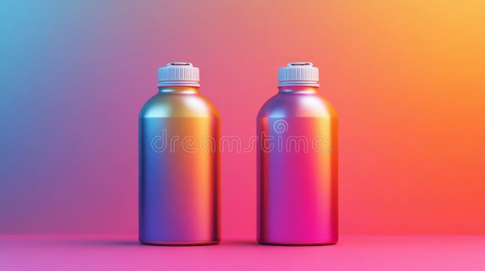 Two Metal Bottles Display with Vibrant Gradient Colors on Toned ...