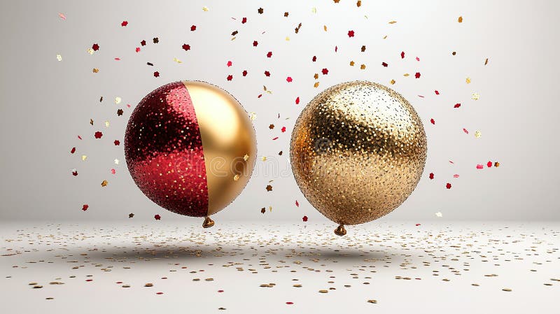 Two Metallic Balloons, One Gold, One Half Gold and Half Red, Float ...