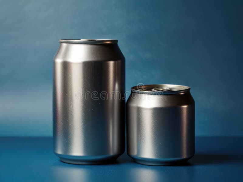 Two Metallic Cans of Different Sizes on a Minimalist Blue Background ...