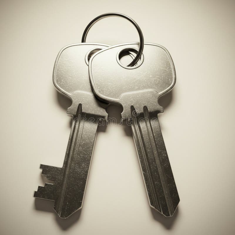 Two Metallic Keys Linked by a Circular Keyring. Each Key Features a ...