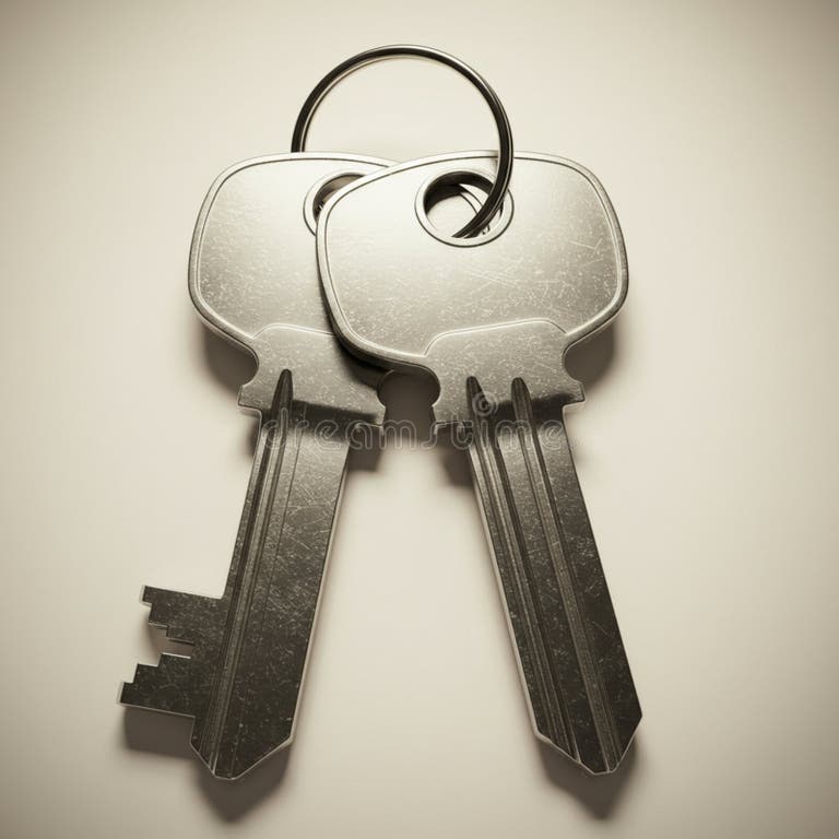 Two Metallic Keys Linked by a Circular Keyring. Each Key Features a ...