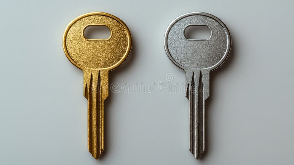 Two Metallic Keys: One Gold and One Silver on a Gray Background. Stock ...