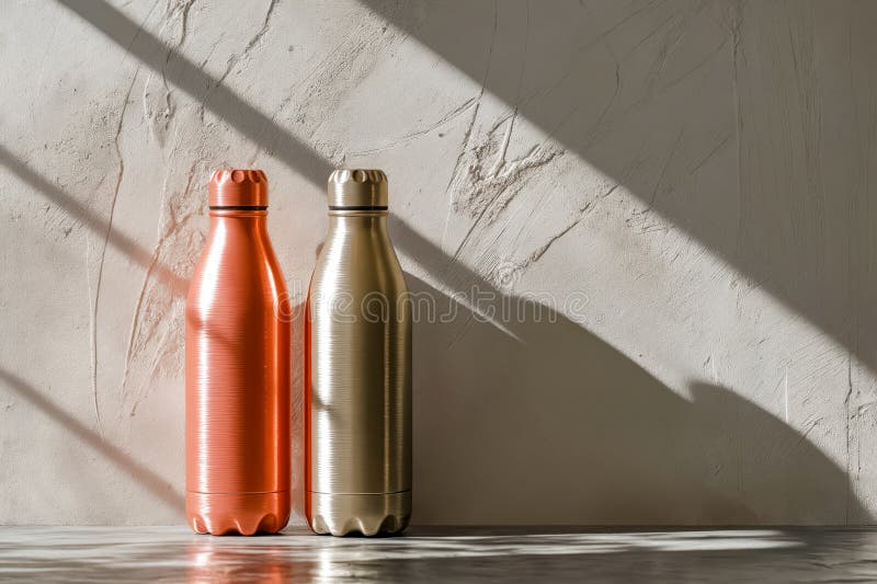 Two Metallic Water Bottles, One Red and One Gold, are Sitting on a ...