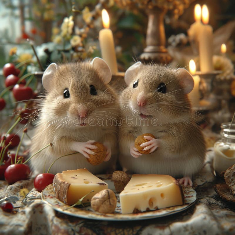 Two Mice Eat Cheese on Festive Table Stock Image - Image of white ...