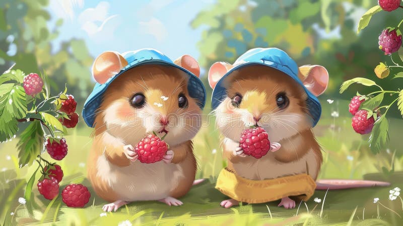 Two Mice are Eating Raspberries in the Grass, AI Stock Image - Image of ...