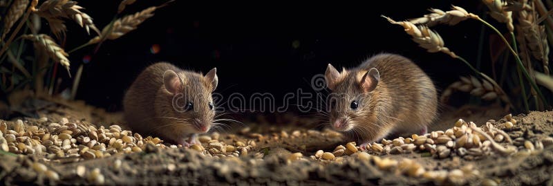 Two Mice Foraging on Grain in a Dark Field at Night Stock Illustration ...