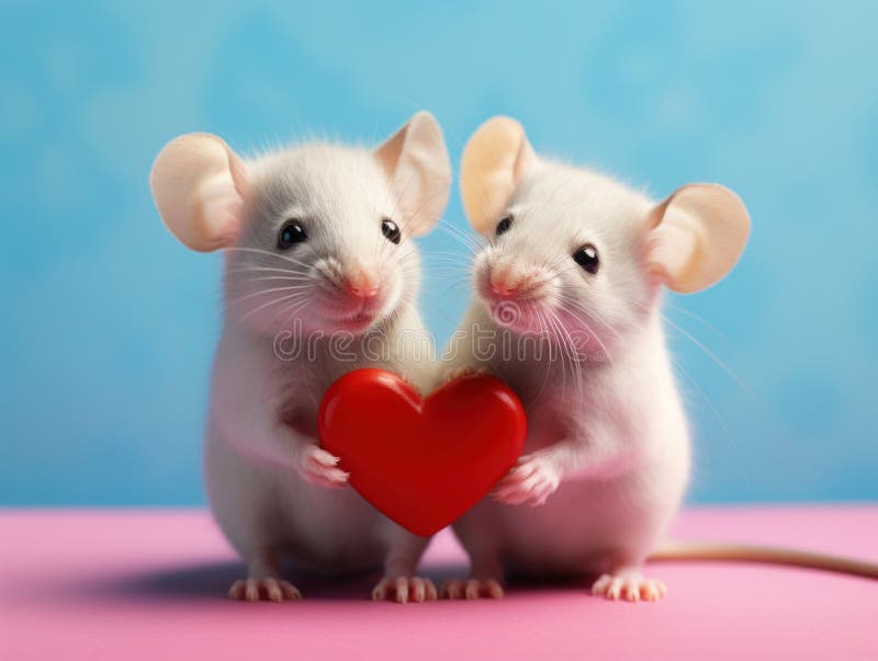 Two Mice Holding a Heart on Pink Surface. Stock Image - Image of small ...