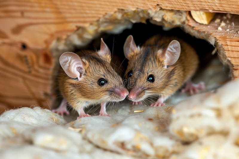 Two Mice Peeking Together from a Hole in Attic Insulation Stock Photo ...