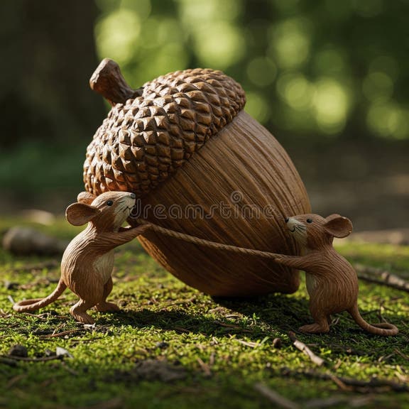 Two Mice are Pulling a Giant Acorn in the Forest. Stock Photo - Image ...