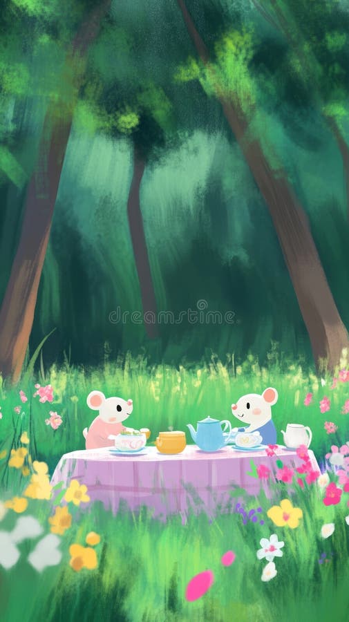 Two Mice Savoring an Afternoon Tea Surrounded by Colorful Flowers Stock ...