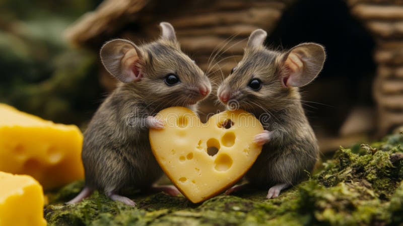 Two Mice Sharing Heart Shaped Cheese Stock Illustration - Illustration ...