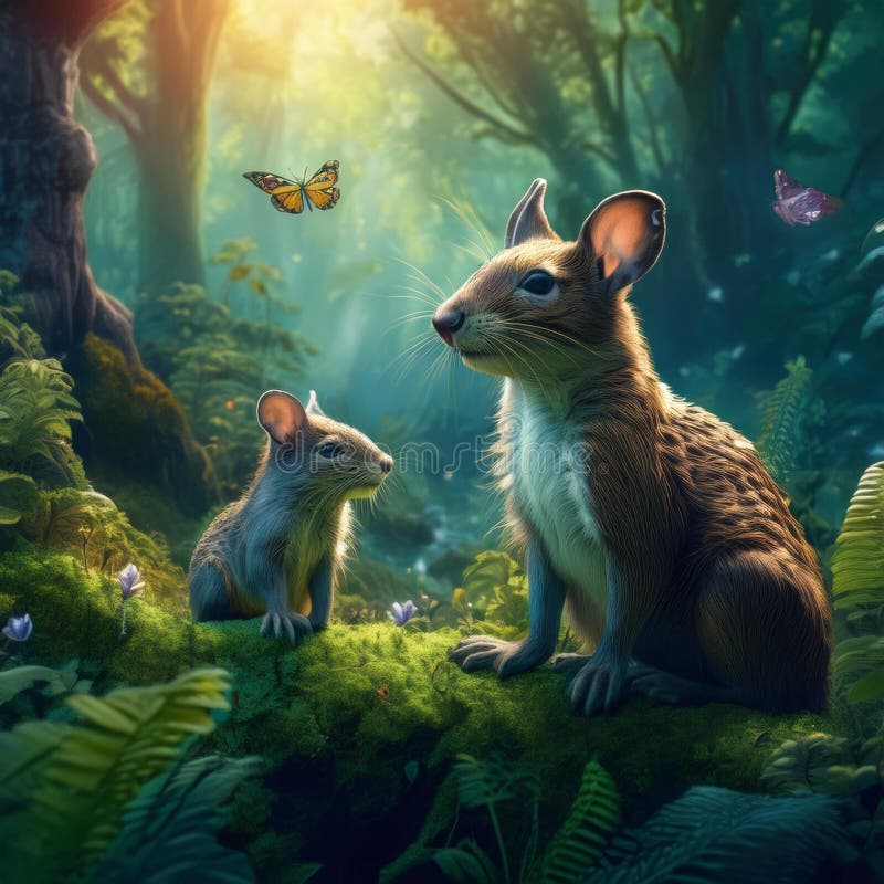 GENERAD IA Two Mice Observing Butterflies in a Magical Forest Stock ...