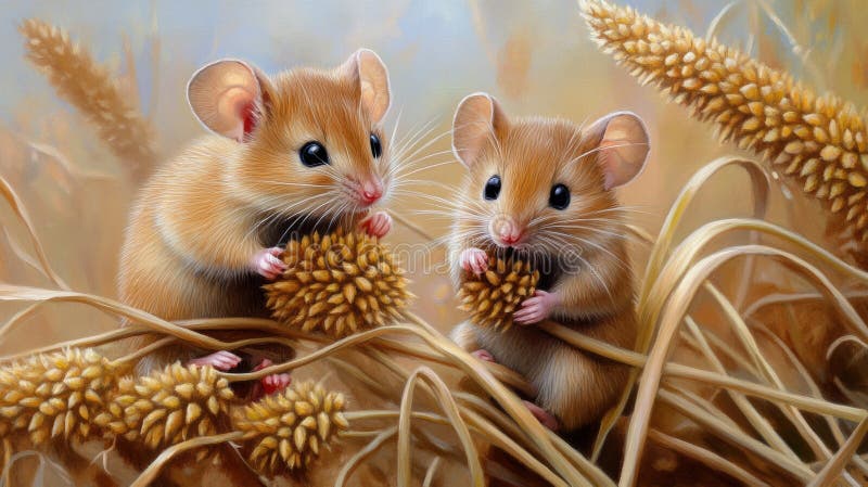 Two Mice are Sitting on a Stalk of Wheat, AI Stock Image - Image of ...