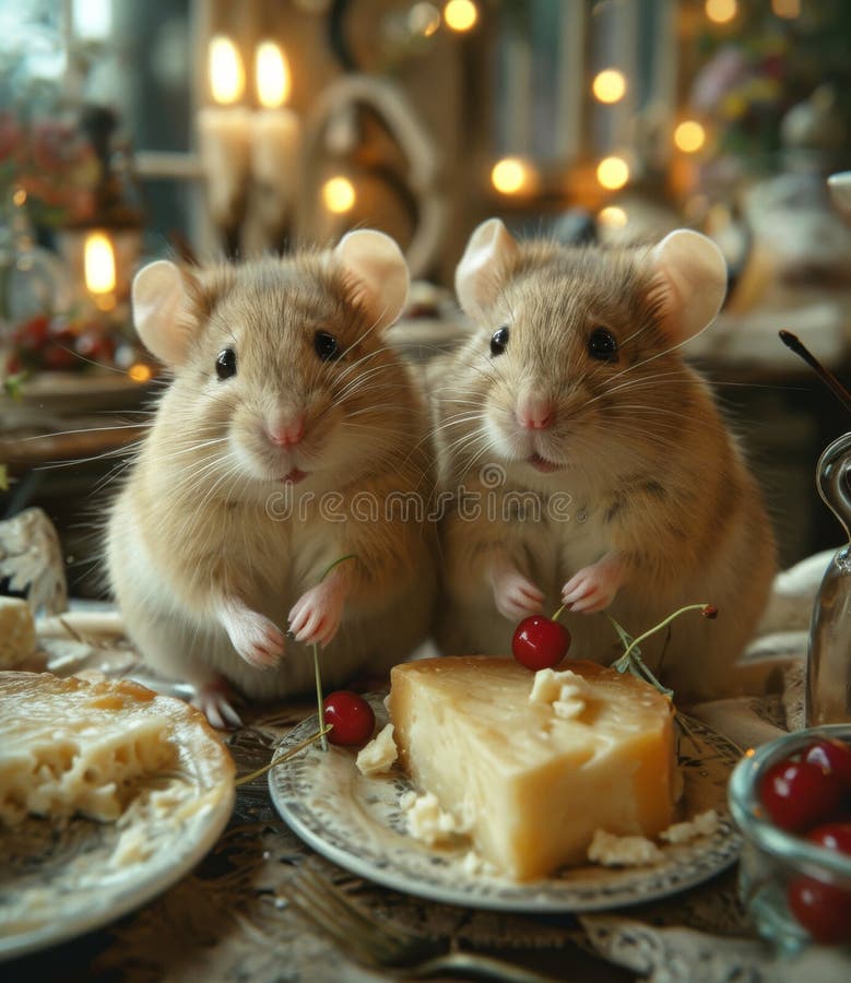 Two Mice Sitting on a Table Eating Food. Two Mice are Sitting on Top of ...