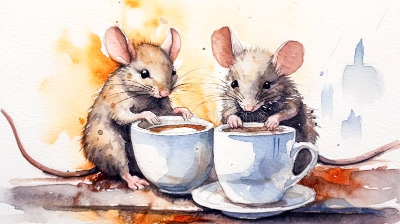 Two Mice are Sitting on a Table with Two Cups of Coffee Stock Photo ...