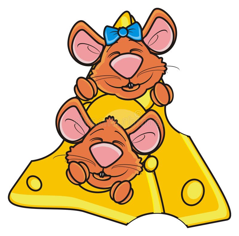 Two Mice with a Piece of Cheese Celebrate New Year `s Eve. Children `s ...