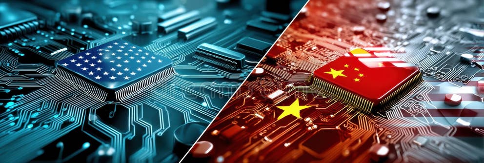 Battle between American and Chinese Microchips on a Circuit Board ...