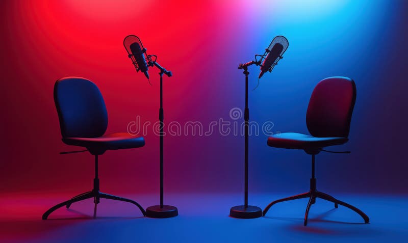 Two Microphones and Chairs in Contrasting Red and Blue Lighting for ...