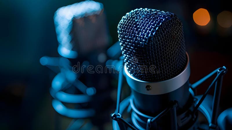Two Microphones in a Dark Isolated Podcast or Interview Room Setup ...
