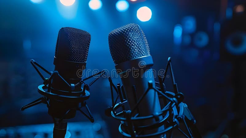 Two Microphones in a Dimly Lit Podcast or Interview Room with a Wide ...